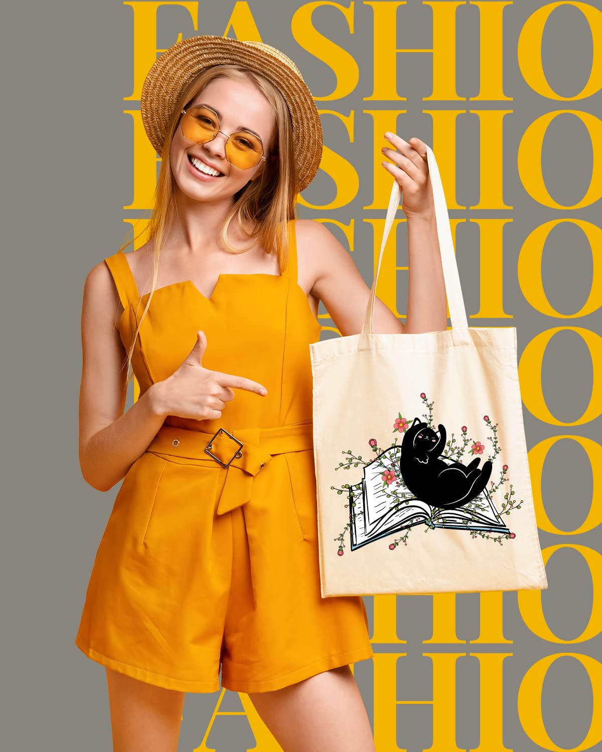 AUSVKAI Cute Book Canvas Tote Bag Aesthetic For Women Grocery Bag Cotton Beach Totes Gift-Black Cat Book