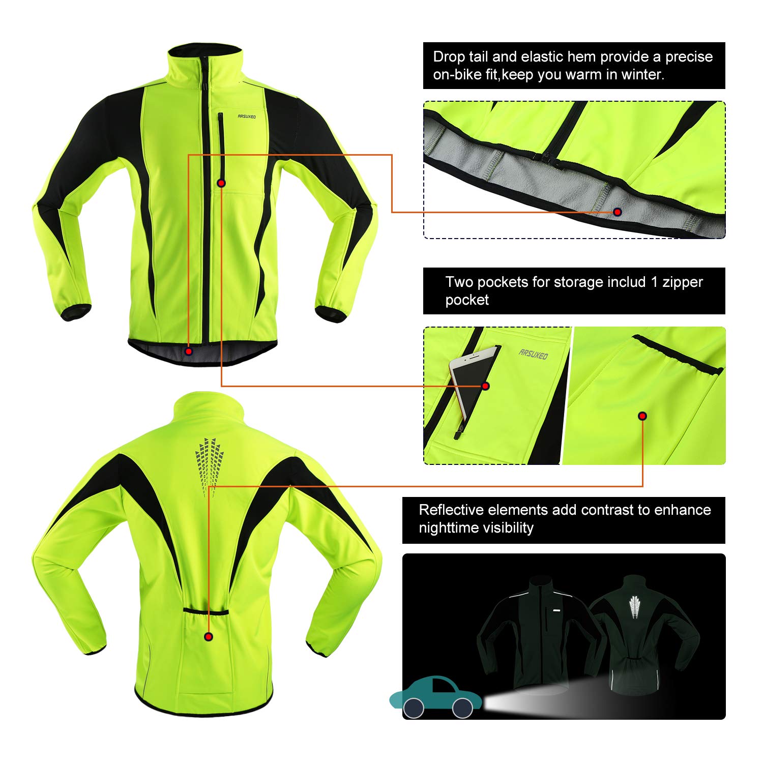 ARSUXEO Winter Warm UP Thermal Softshell Cycling Jacket Windproof Waterproof Bicycle Mountain Bike Clothes 15-K Green Size Large