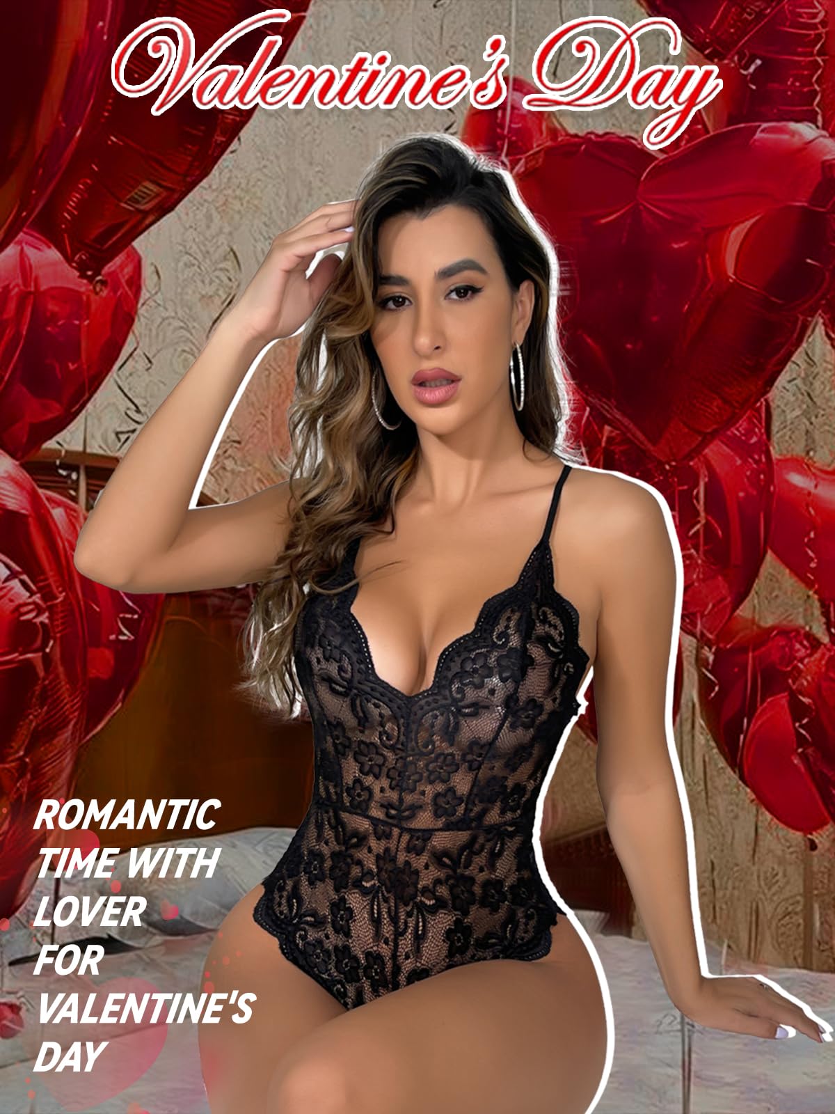 Buitifo Women Lace Bodysuit One Piece Babydoll Backless Mini Teddy V Neck Lingerie(black 1,M