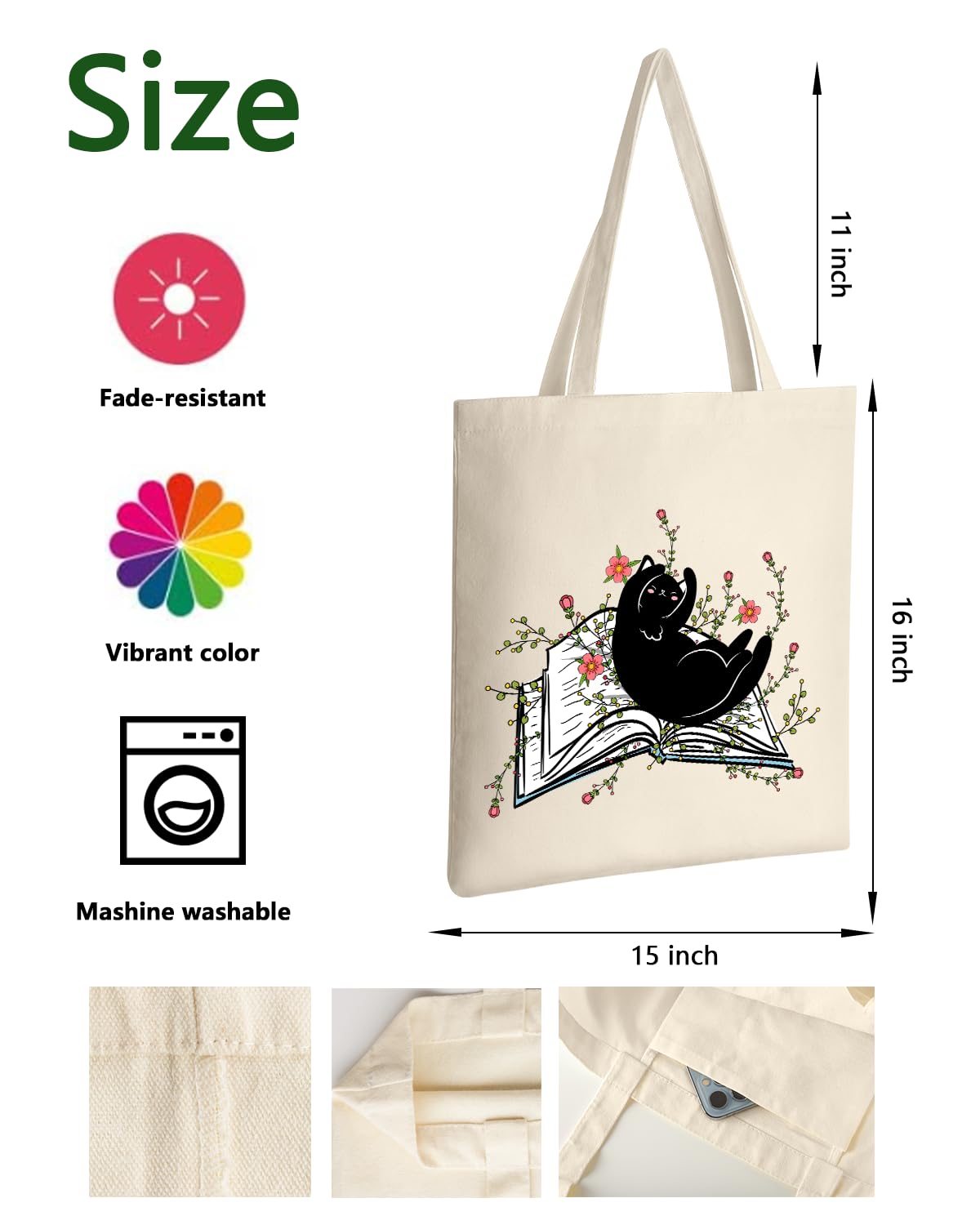 AUSVKAI Cute Book Canvas Tote Bag Aesthetic For Women Grocery Bag Cotton Beach Totes Gift-Black Cat Book