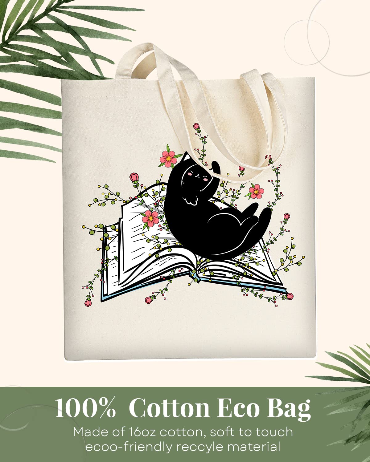 AUSVKAI Cute Book Canvas Tote Bag Aesthetic For Women Grocery Bag Cotton Beach Totes Gift-Black Cat Book