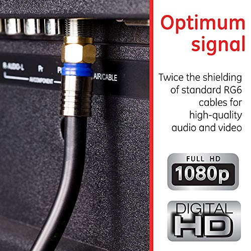 GE RG6 Coaxial Cable, 25 ft. F-Type Connectors, Quad Shielded Coax Cable, 3 GHz Digital, In-Wall Rated, Ideal for TV Antenna, DVR, VCR, Satellite, Cable Box, Home Theater, Black, 33531