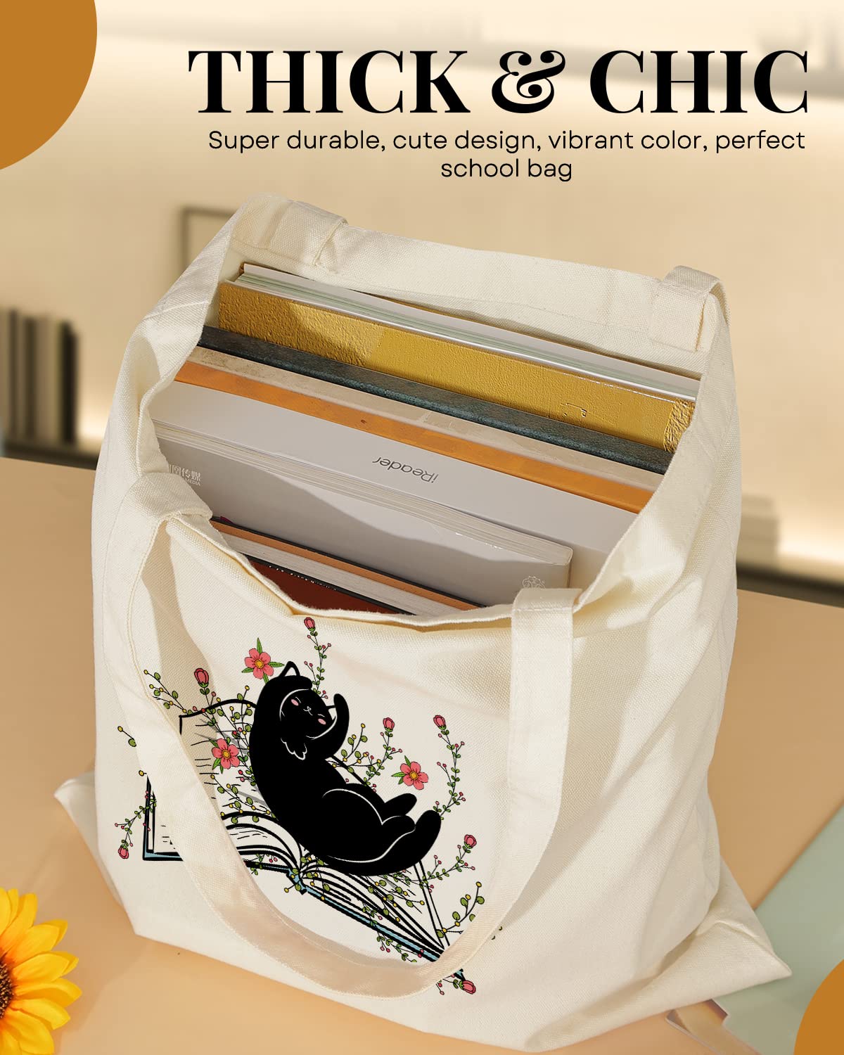 AUSVKAI Cute Book Canvas Tote Bag Aesthetic For Women Grocery Bag Cotton Beach Totes Gift-Black Cat Book