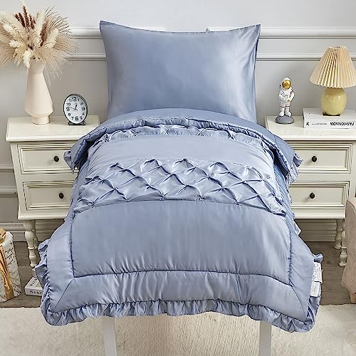Toddler Bedding Set for Girls 4 Piece Pinch Pleated Grey Ruffle Fringe Pintuck Toddler Bed Comforter Set for Kids Bed-in-a-Bag Quilt Crib Sheet Set with Comforter,Flat Sheet,Fitted Sheet,Pillowcase