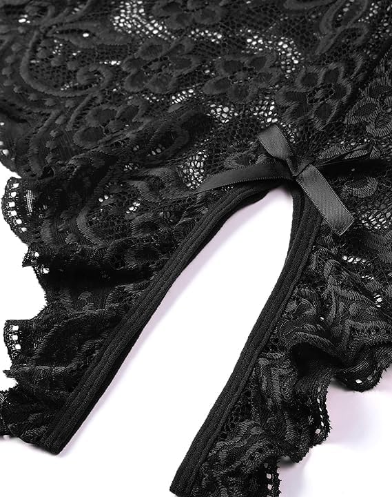 Women One Piece Lingerie Sexy Teddy V Neck Bodysuit Lace Nightie (Black, Medium)