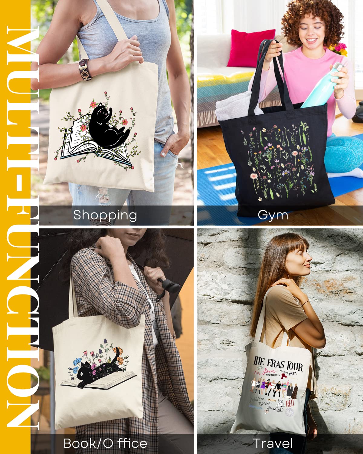 AUSVKAI Cute Book Canvas Tote Bag Aesthetic For Women Grocery Bag Cotton Beach Totes Gift-Black Cat Book