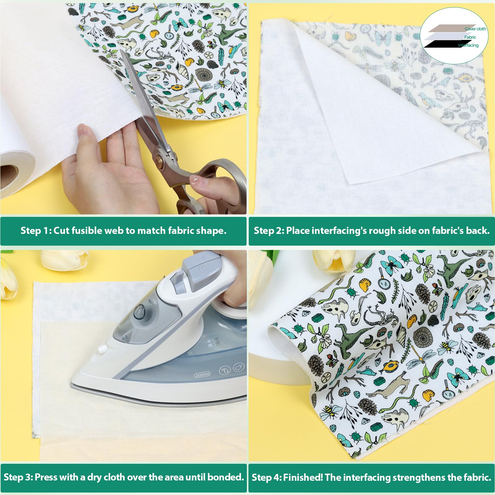 PLANTIONAL Woven Cotton Iron-On Fusible Interfacing, 16.1 inch X 10 Yards White Medium Weight 100% Cotton Single Sided Interfacing Fabric Iron on Interfacing for Fabric Sewing and DIY Crafts Supplies