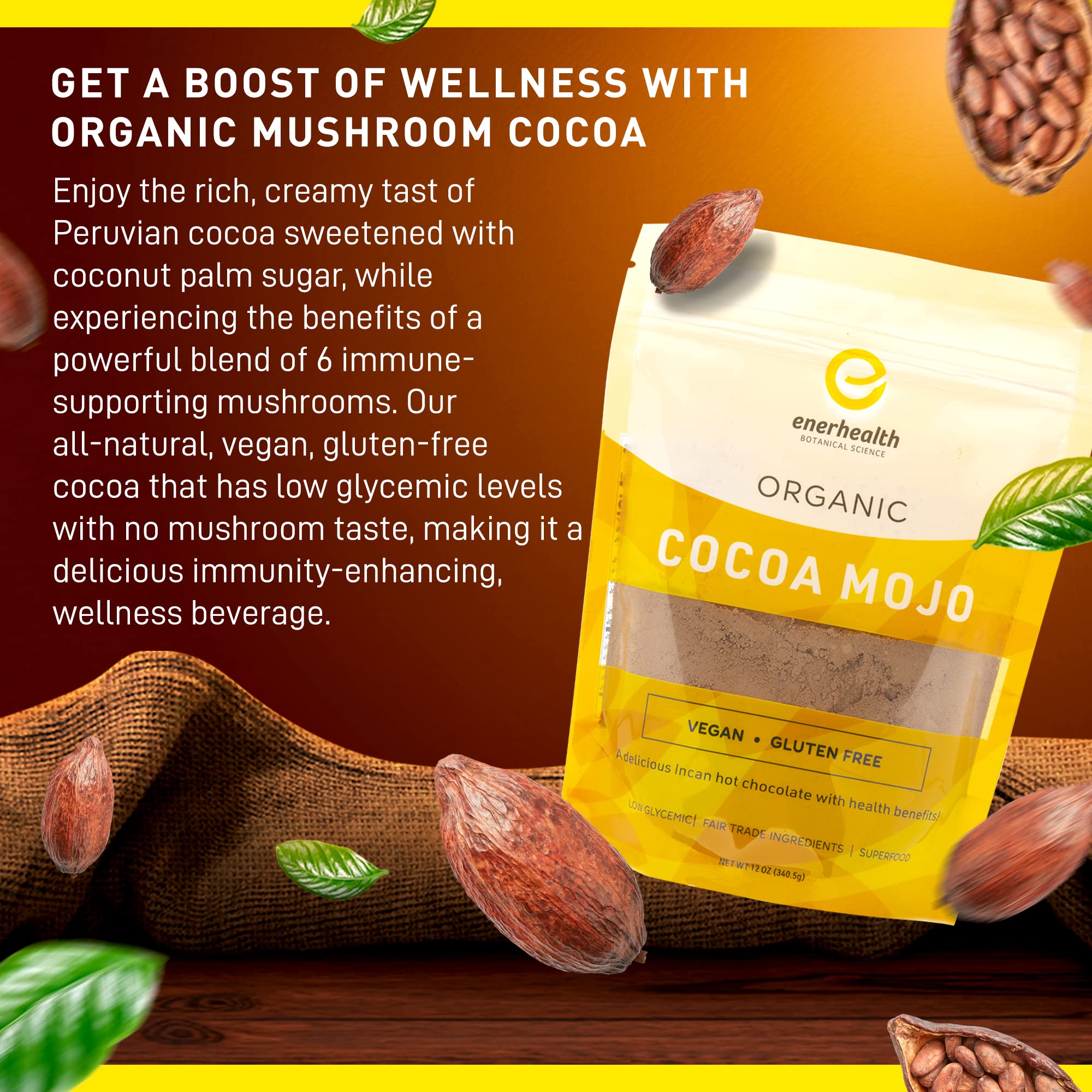Enerhealth Botanicals Cocoa Mojo – Certified Organic Hot Chocolate Peruvian Cocoa Mix, Sweetened with Low Glycemic Coconut Palm Sugar and Infused with 6 Mushroom Extracts to Boost Immunity – 12 oz