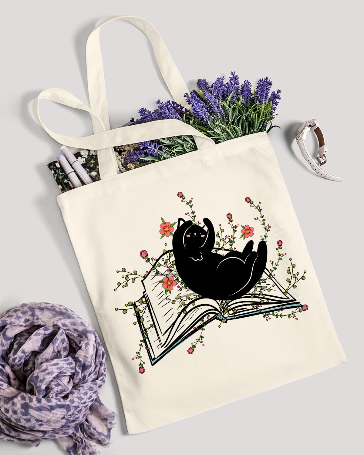 AUSVKAI Cute Book Canvas Tote Bag Aesthetic For Women Grocery Bag Cotton Beach Totes Gift-Black Cat Book