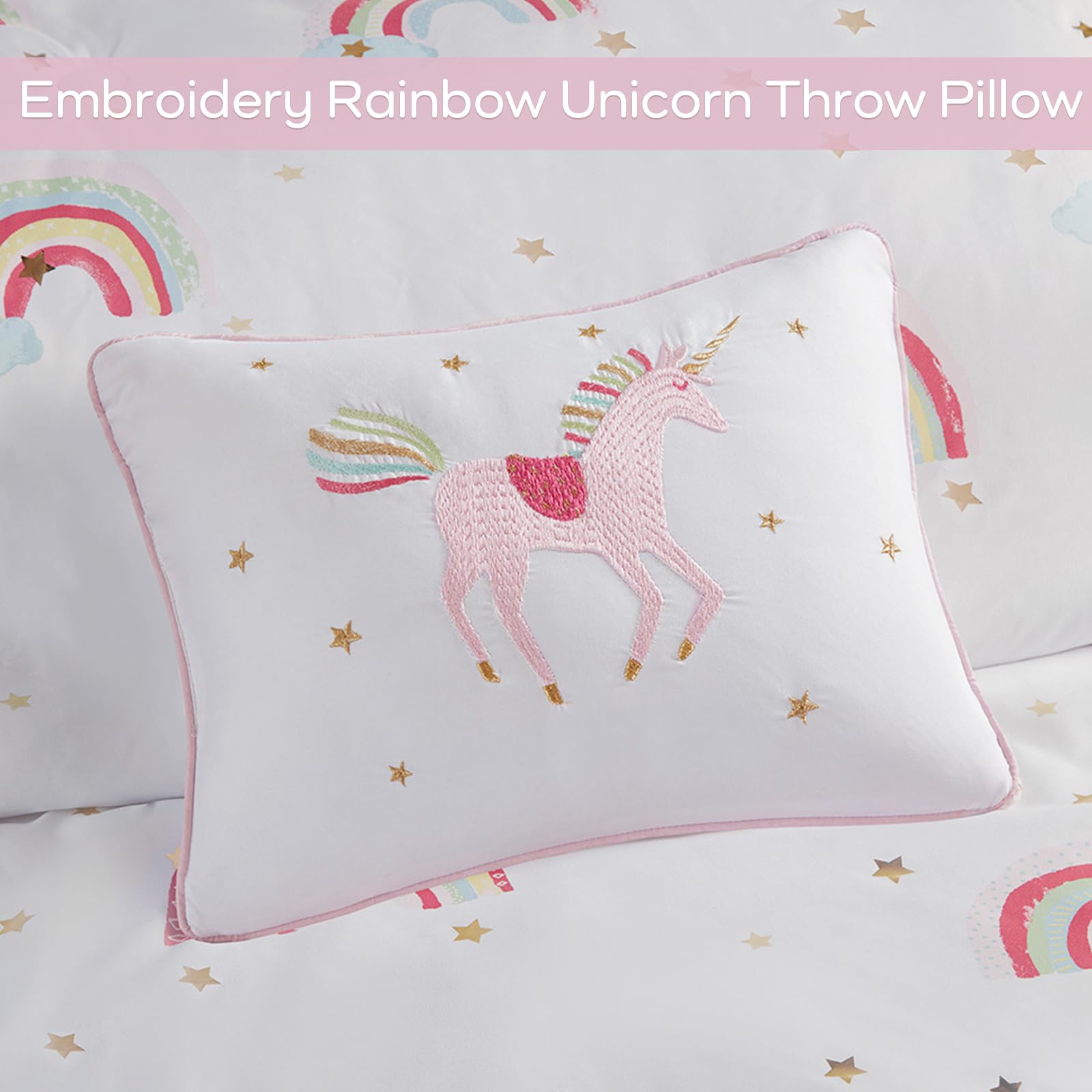 MI ZONE KIDS Bedding Set, Alicia Unicorn Full Comforter Set with Sheet, 8 Piece, White, All Season, Fun, Whimsical Metallic Rainbow