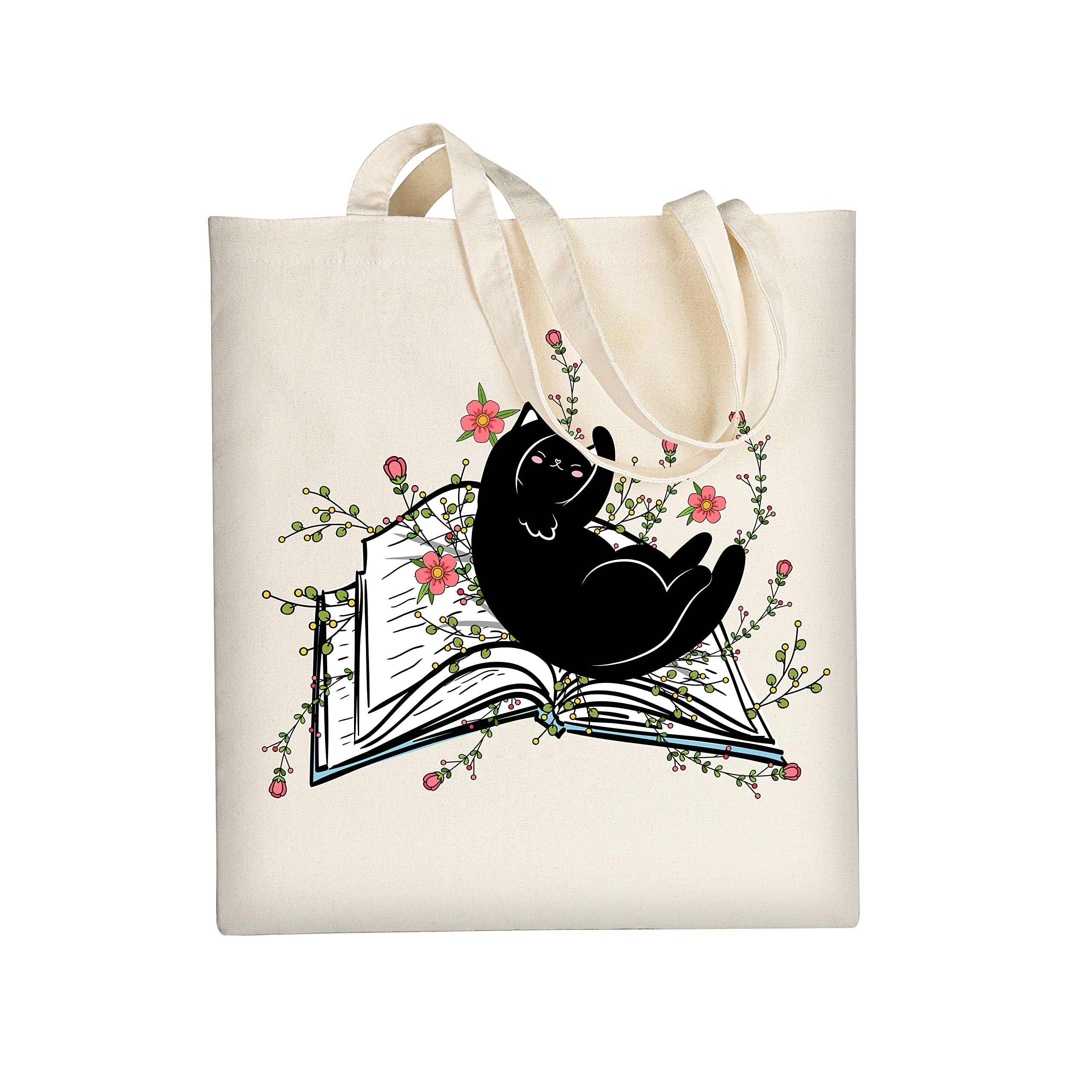 AUSVKAI Cute Book Canvas Tote Bag Aesthetic For Women Grocery Bag Cotton Beach Totes Gift-Black Cat Book