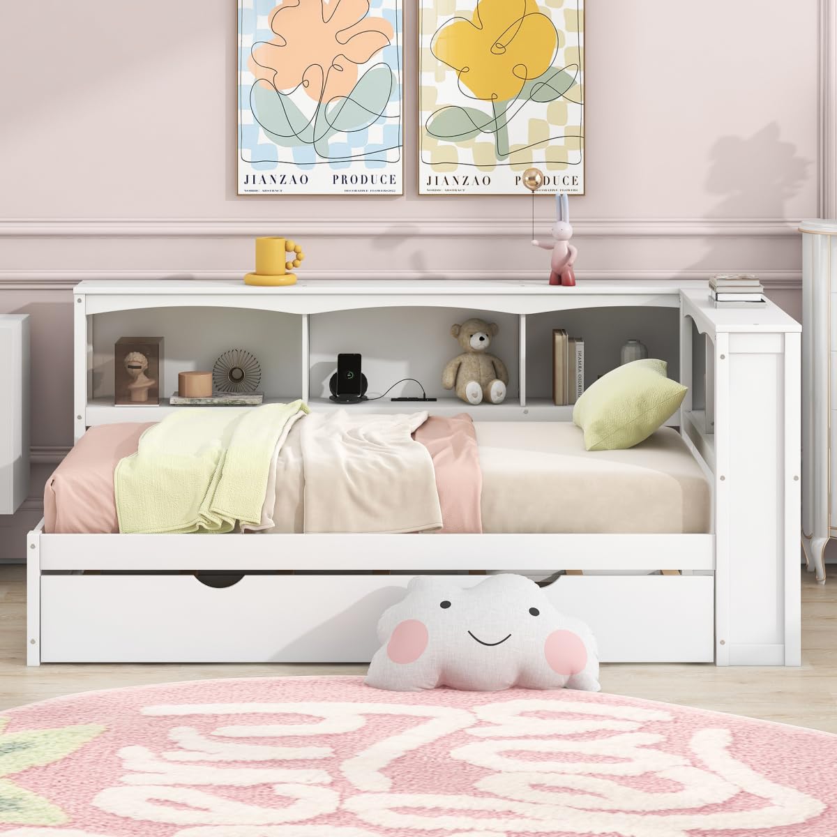 DNChuan L-Shaped Twin Bookcase Bed with Trundle,Daybed with Storage Bookshelf Headboard and USB Ports for Kids Girls Boys-White