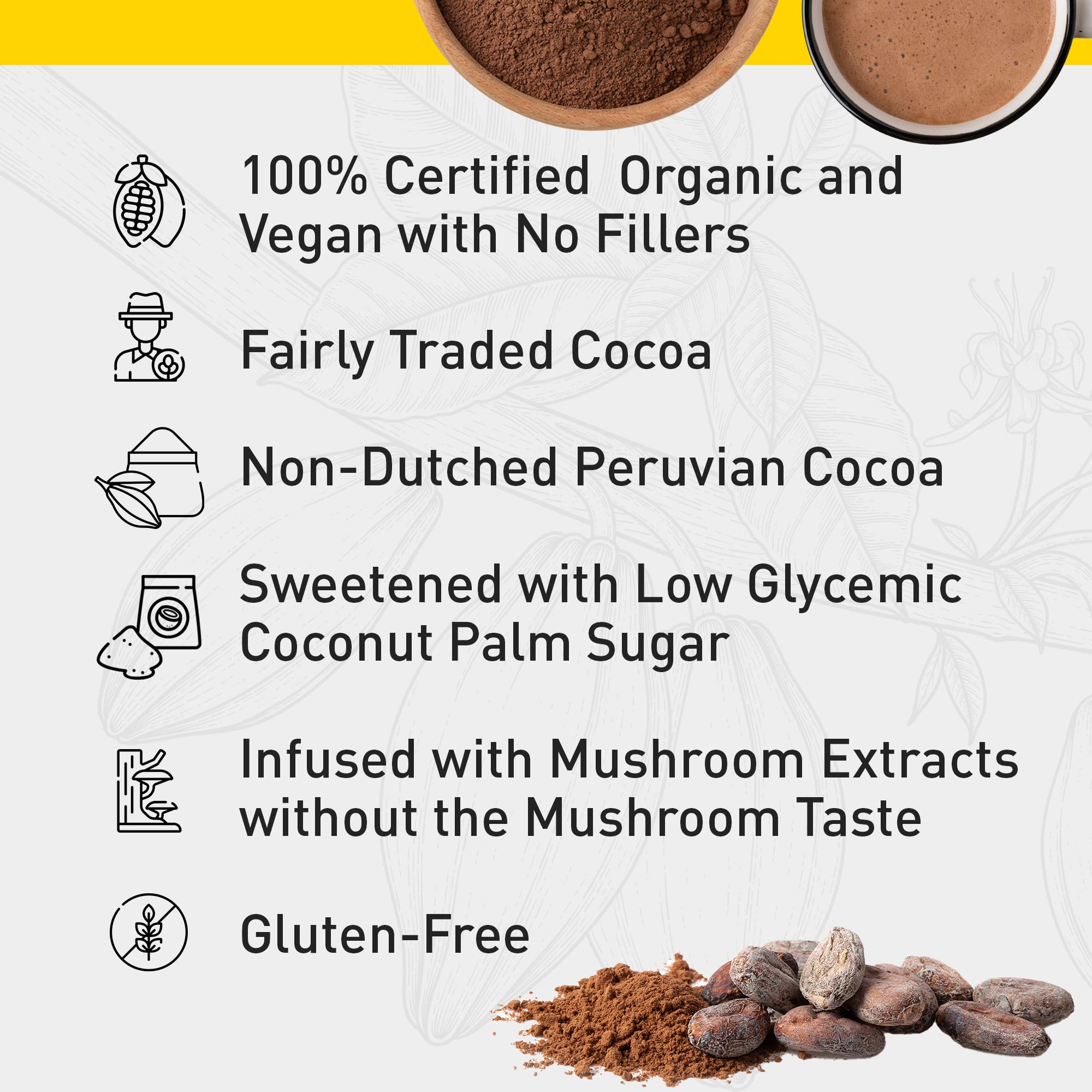 Enerhealth Botanicals Cocoa Mojo – Certified Organic Hot Chocolate Peruvian Cocoa Mix, Sweetened with Low Glycemic Coconut Palm Sugar and Infused with 6 Mushroom Extracts to Boost Immunity – 12 oz