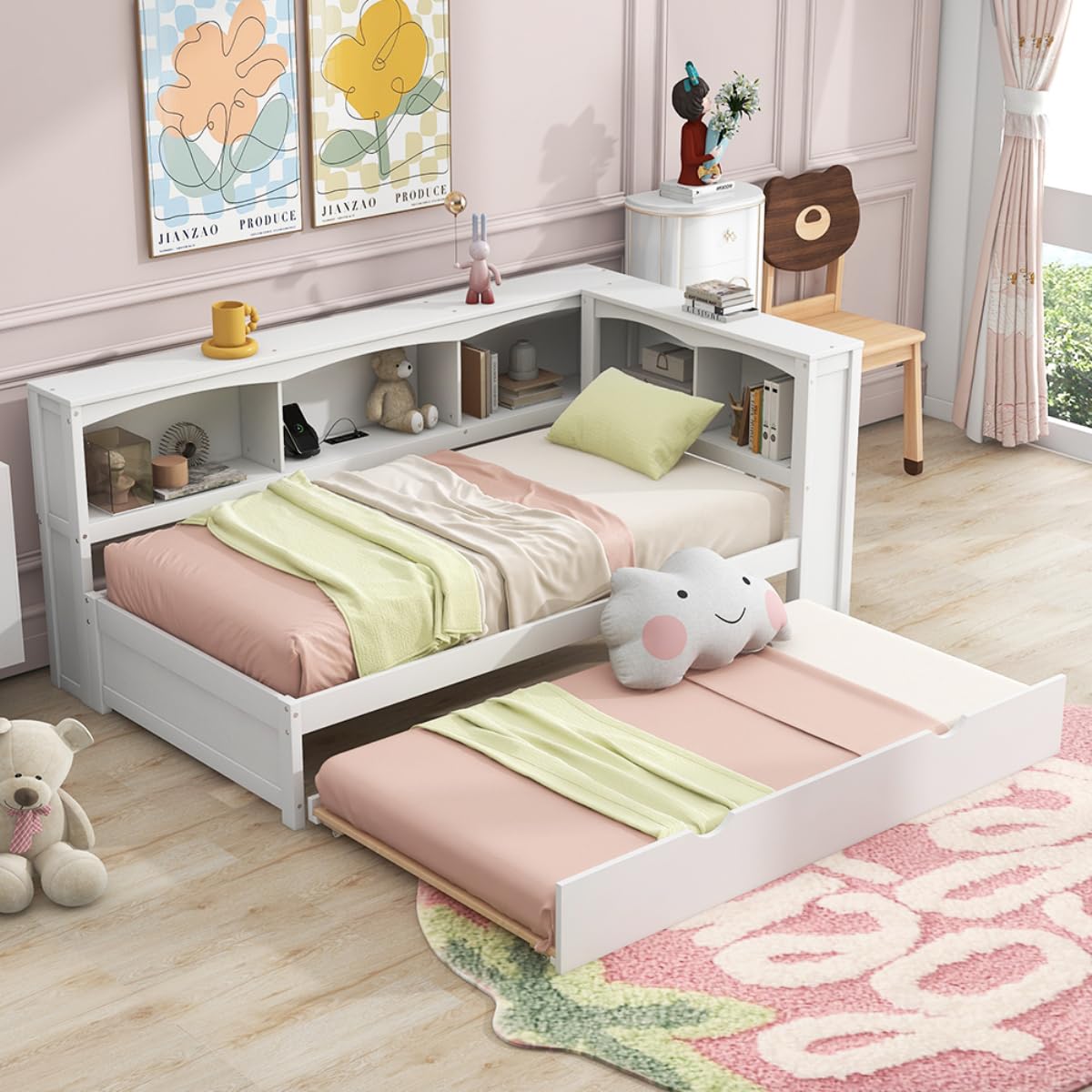 DNChuan L-Shaped Twin Bookcase Bed with Trundle,Daybed with Storage Bookshelf Headboard and USB Ports for Kids Girls Boys-White