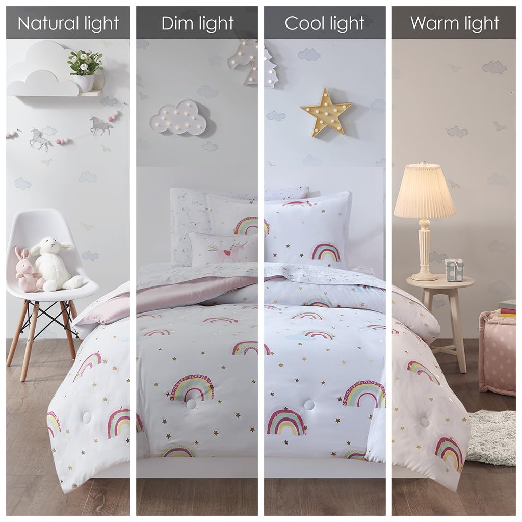 MI ZONE KIDS Bedding Set, Alicia Unicorn Full Comforter Set with Sheet, 8 Piece, White, All Season, Fun, Whimsical Metallic Rainbow