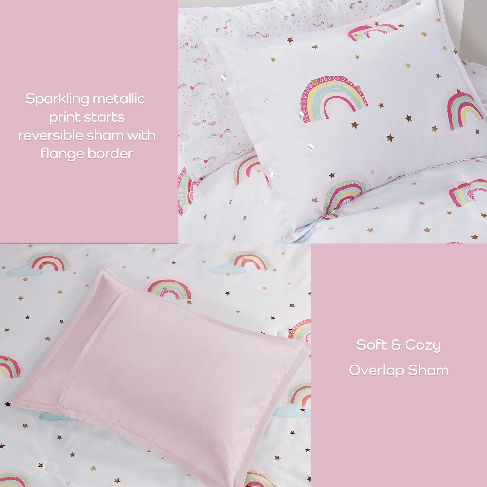 MI ZONE KIDS Bedding Set, Alicia Unicorn Full Comforter Set with Sheet, 8 Piece, White, All Season, Fun, Whimsical Metallic Rainbow