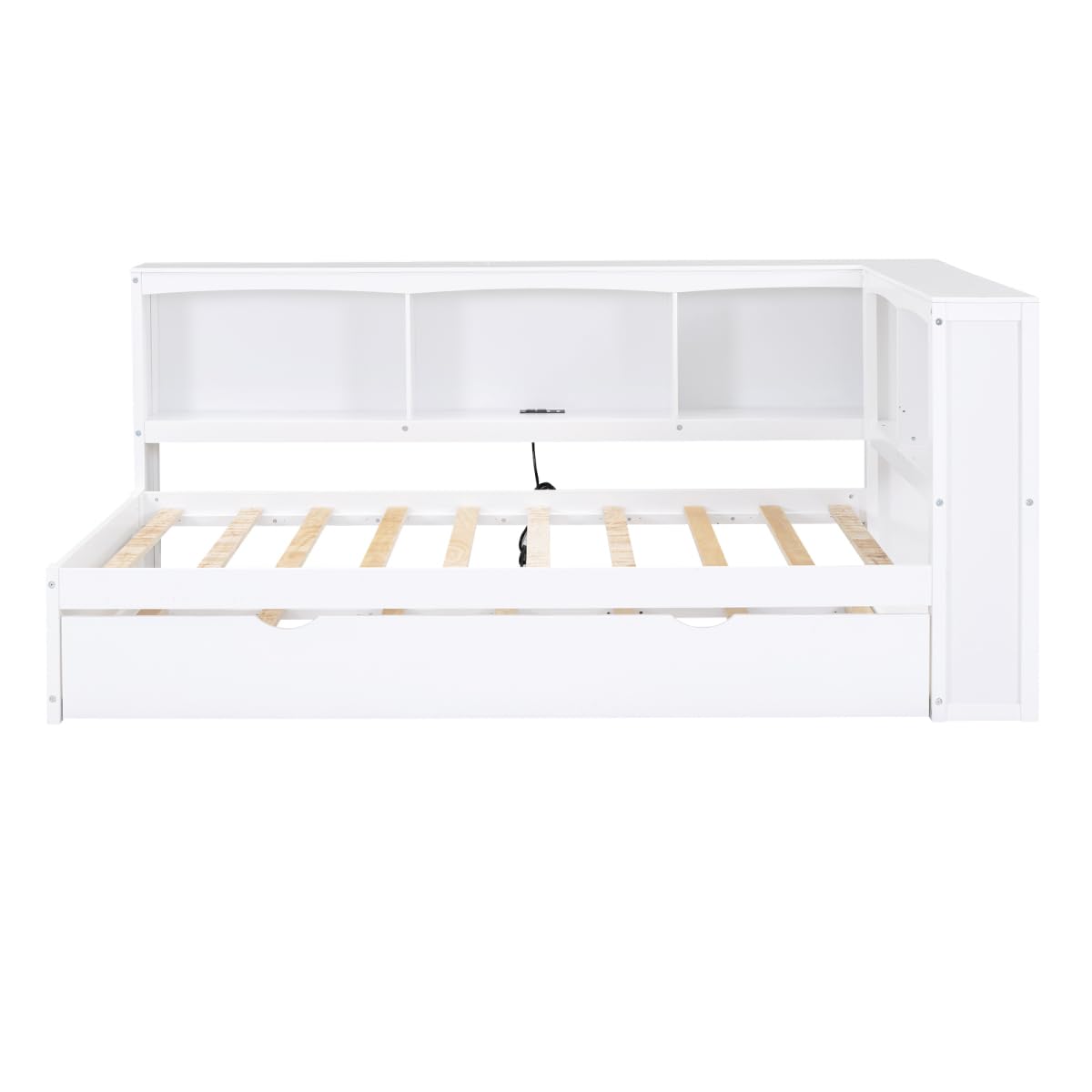 DNChuan L-Shaped Twin Bookcase Bed with Trundle,Daybed with Storage Bookshelf Headboard and USB Ports for Kids Girls Boys-White