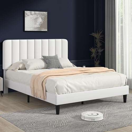 VECELO Queen Size Upholstered Bed Frame with Adjustable Headboard, Velvet Platform Bedframe Mattress Foundation, Strong Wood Slat Support, No Box Spring Needed, White