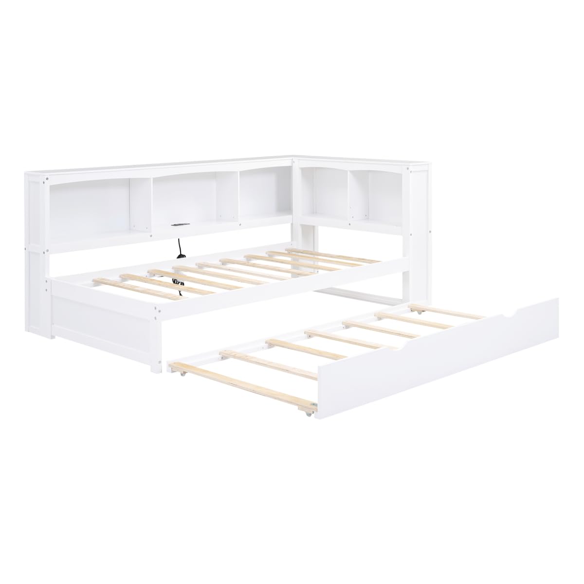 DNChuan L-Shaped Twin Bookcase Bed with Trundle,Daybed with Storage Bookshelf Headboard and USB Ports for Kids Girls Boys-White