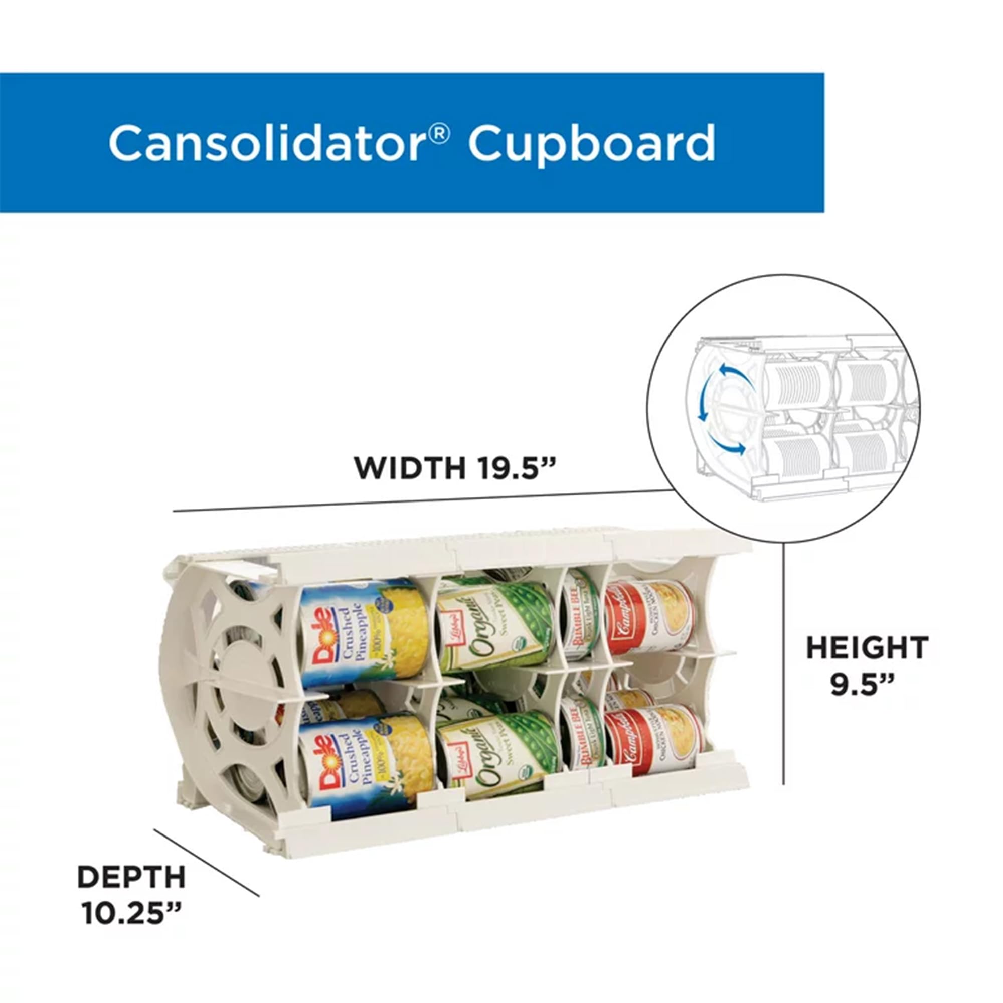 Shelf Reliance Compact Cansolidator Pantry Food w/Rotation System, Interlocking Assembly & Adjustable Panels Holds Up To 20 Cans, White