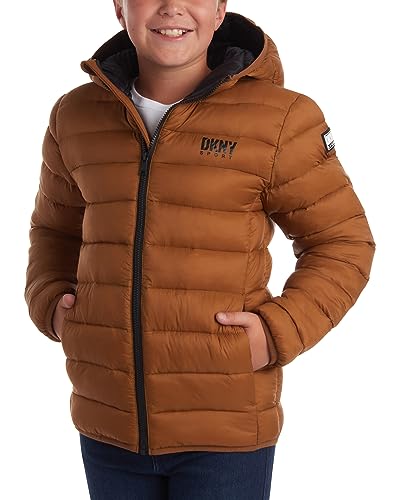 DKNY Boys Jacket β Midweight Insulated Quilted Outerwear Parka Puffer Coat β Water Resistant Boys Winter Hooded Jacket (8-20), Size 14-16, Timber