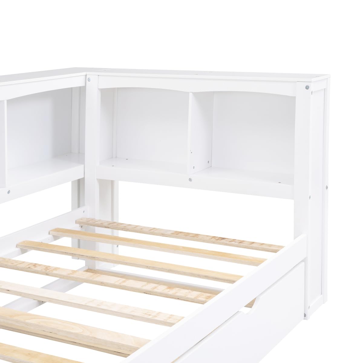 DNChuan L-Shaped Twin Bookcase Bed with Trundle,Daybed with Storage Bookshelf Headboard and USB Ports for Kids Girls Boys-White