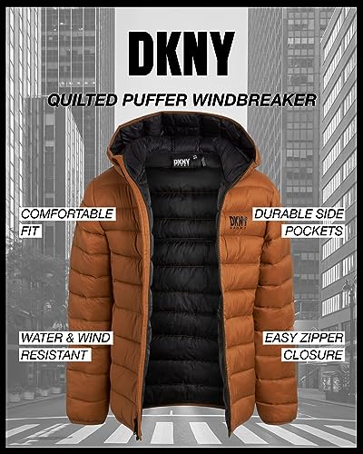 DKNY Boys Jacket β Midweight Insulated Quilted Outerwear Parka Puffer Coat β Water Resistant Boys Winter Hooded Jacket (8-20), Size 14-16, Timber