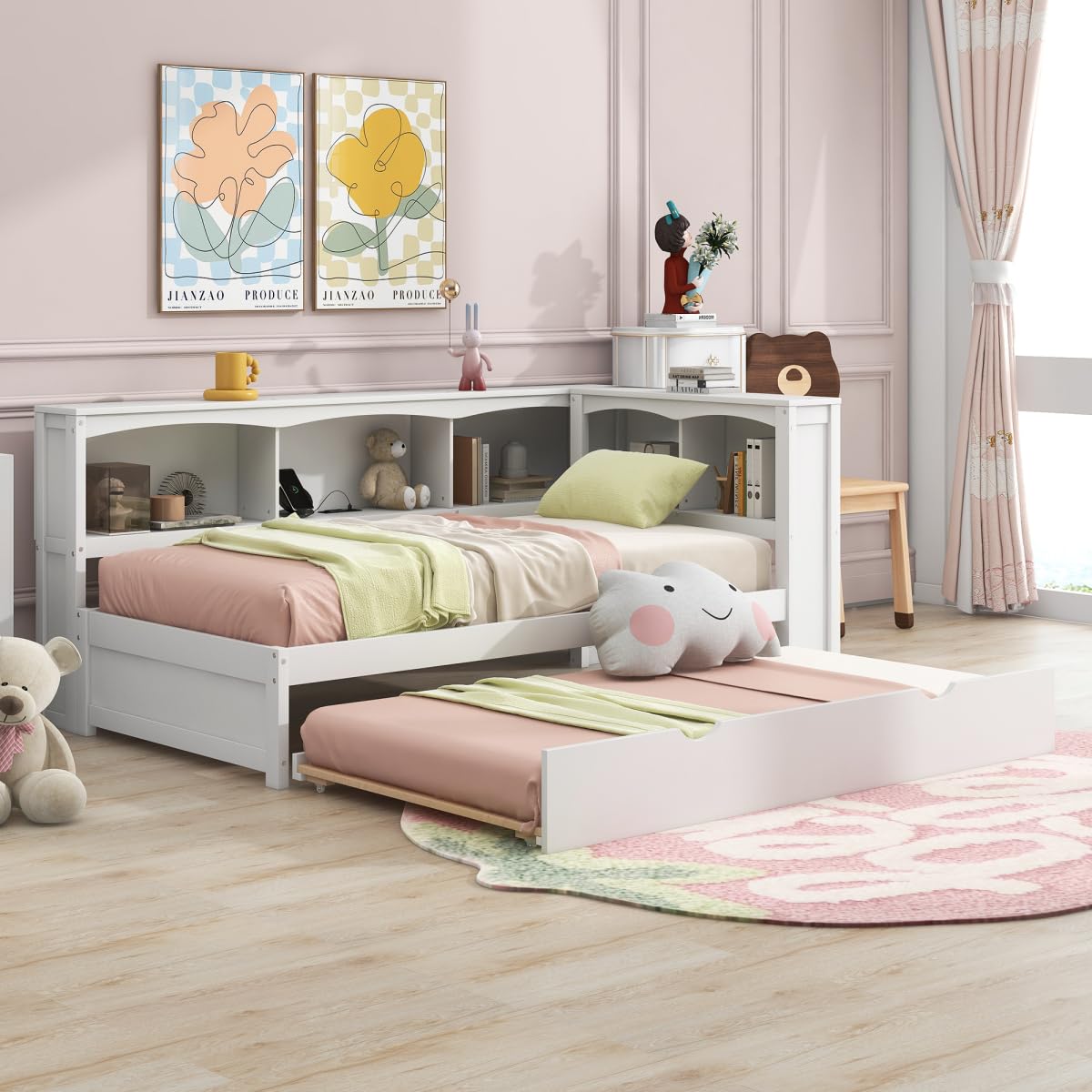 DNChuan L-Shaped Twin Bookcase Bed with Trundle,Daybed with Storage Bookshelf Headboard and USB Ports for Kids Girls Boys-White