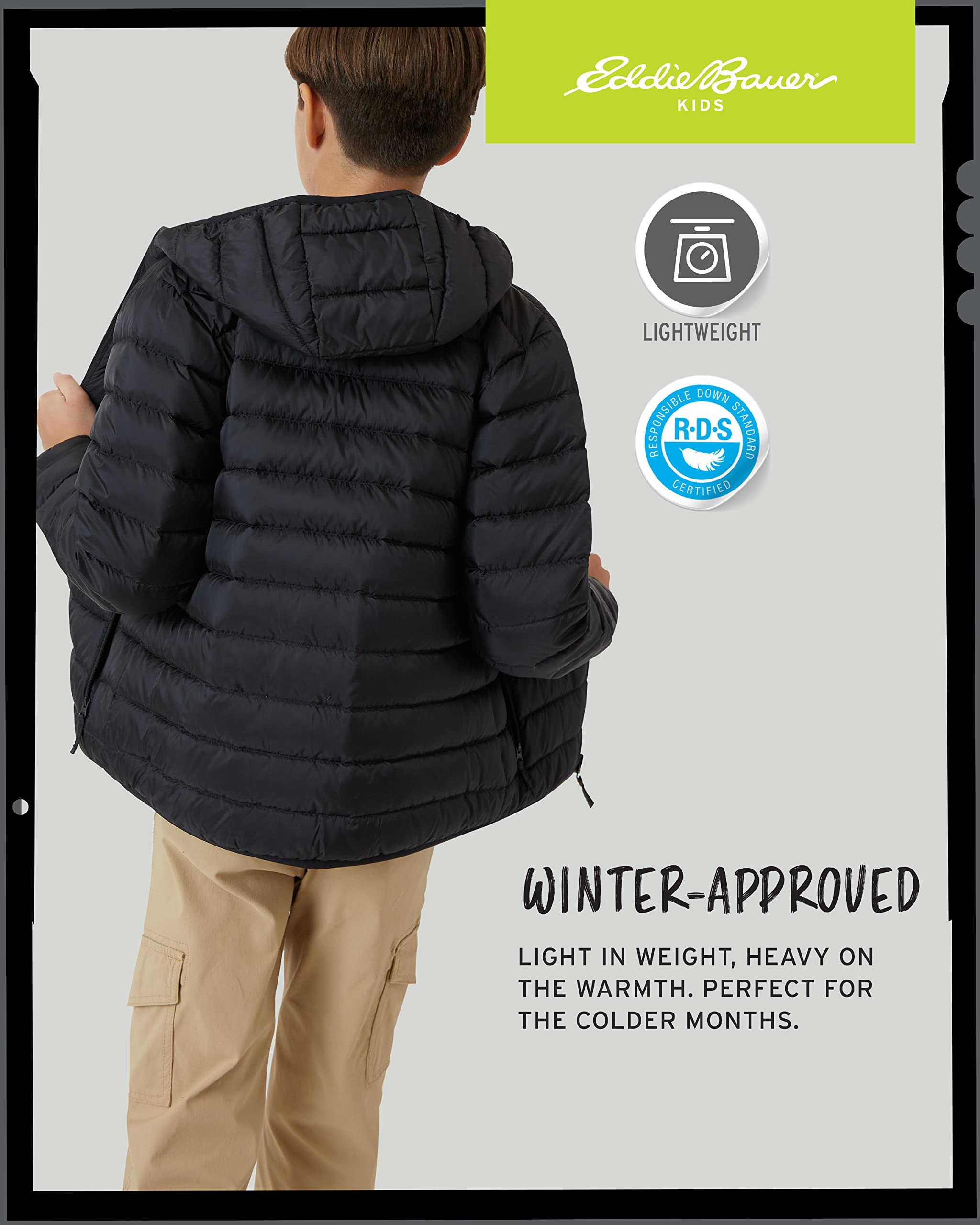 Eddie Bauer Boys' Jacket - CirrusLite Weather Resistant Down Coat for Boys - Insulated Quilted Bubble Puffer (3-20), Size 10-12, Black