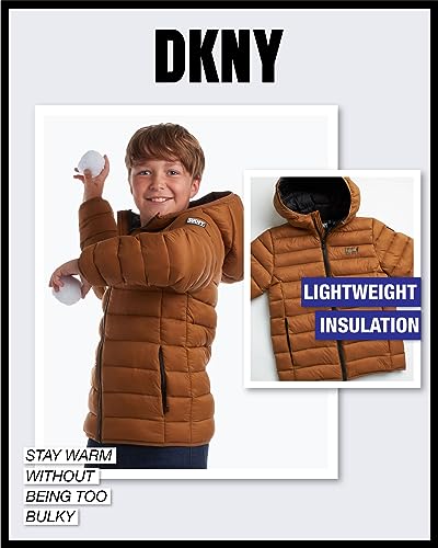 DKNY Boys Jacket β Midweight Insulated Quilted Outerwear Parka Puffer Coat β Water Resistant Boys Winter Hooded Jacket (8-20), Size 14-16, Timber