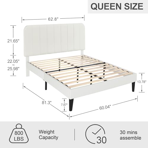 VECELO Queen Size Upholstered Bed Frame with Adjustable Headboard, Velvet Platform Bedframe Mattress Foundation, Strong Wood Slat Support, No Box Spring Needed, White