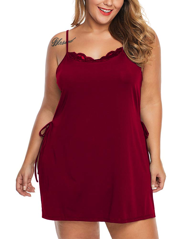 XAKALAKA Women Plus Size Lace Babydoll Lingerie Side Slit Strappy Chemise Sleepwear Wine XL