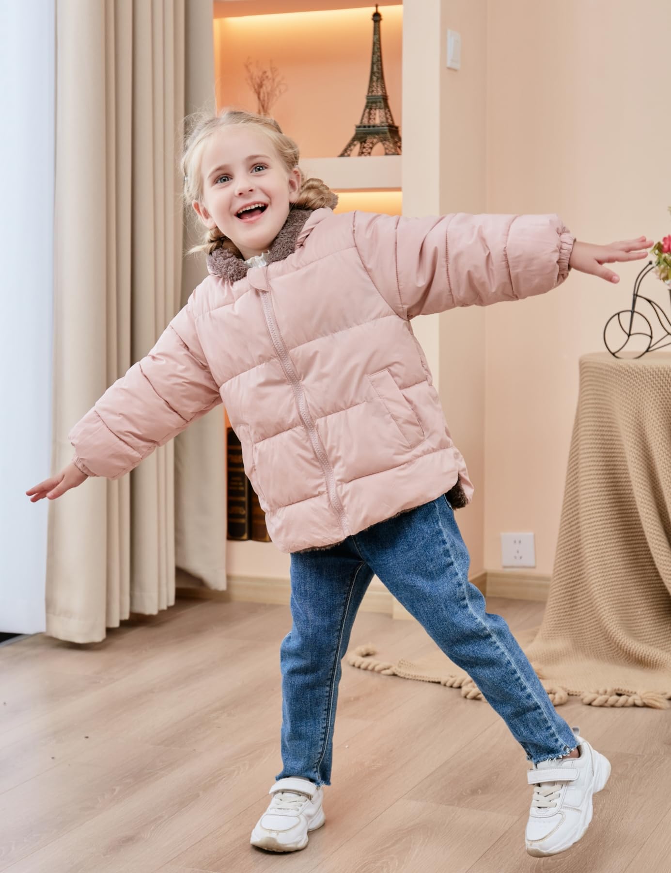 Baby Down Jacket for Girls 6-12 Months Pink Bear Ear Zipper Coat with Pocket Winter Warm Thick Hooded Clothes Outwear