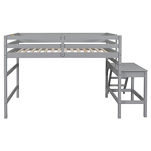 WOXYX Wood Full Size Loft Bed with Platform and Ladder for Kids,Space Saving Low Loft-Bed for Girls Boys,Gray
