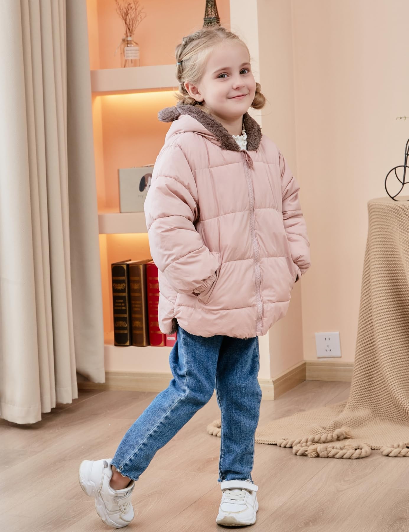 Baby Down Jacket for Girls 6-12 Months Pink Bear Ear Zipper Coat with Pocket Winter Warm Thick Hooded Clothes Outwear