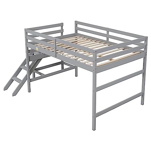 WOXYX Wood Full Size Loft Bed with Platform and Ladder for Kids,Space Saving Low Loft-Bed for Girls Boys,Gray