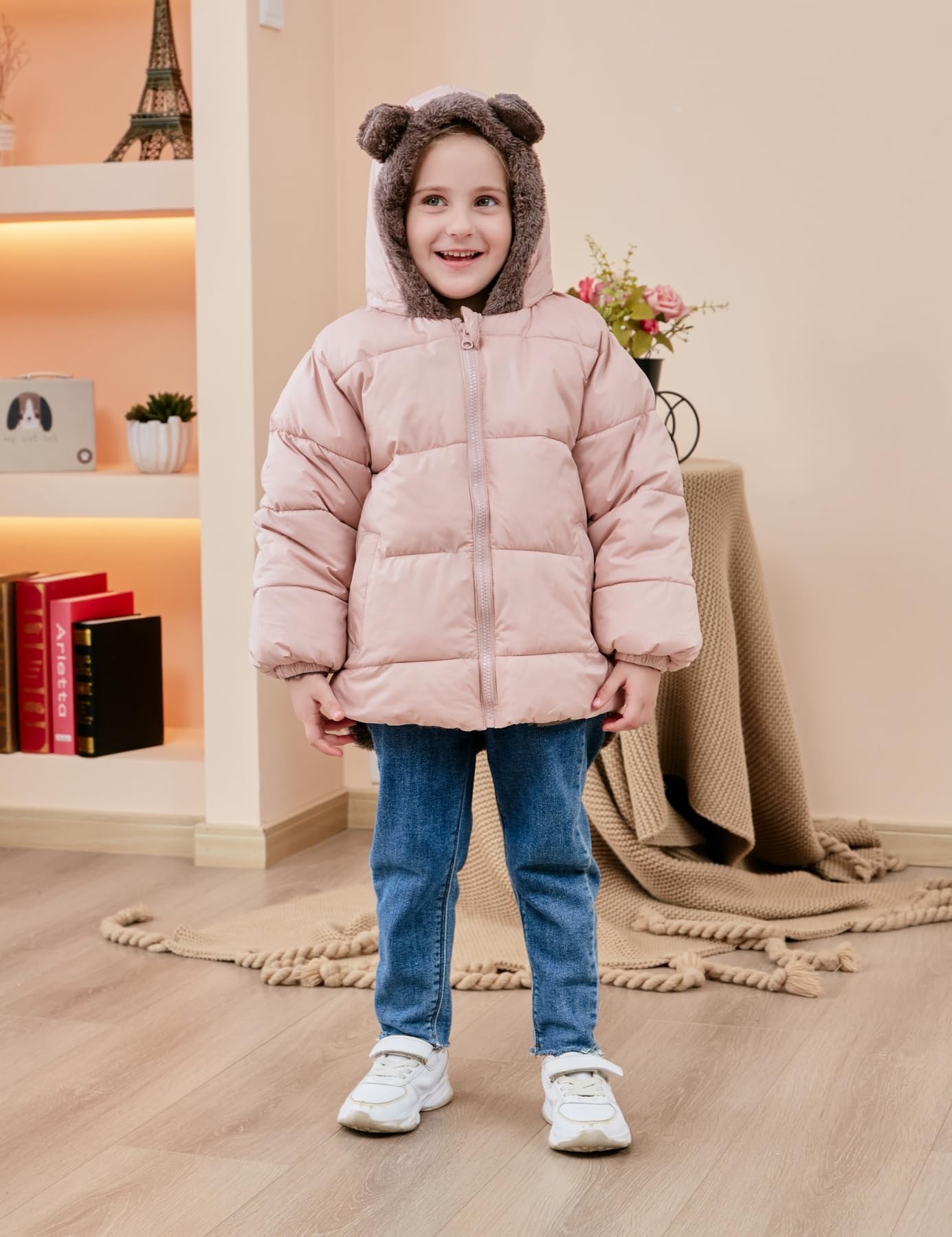 Baby Down Jacket for Girls 6-12 Months Pink Bear Ear Zipper Coat with Pocket Winter Warm Thick Hooded Clothes Outwear