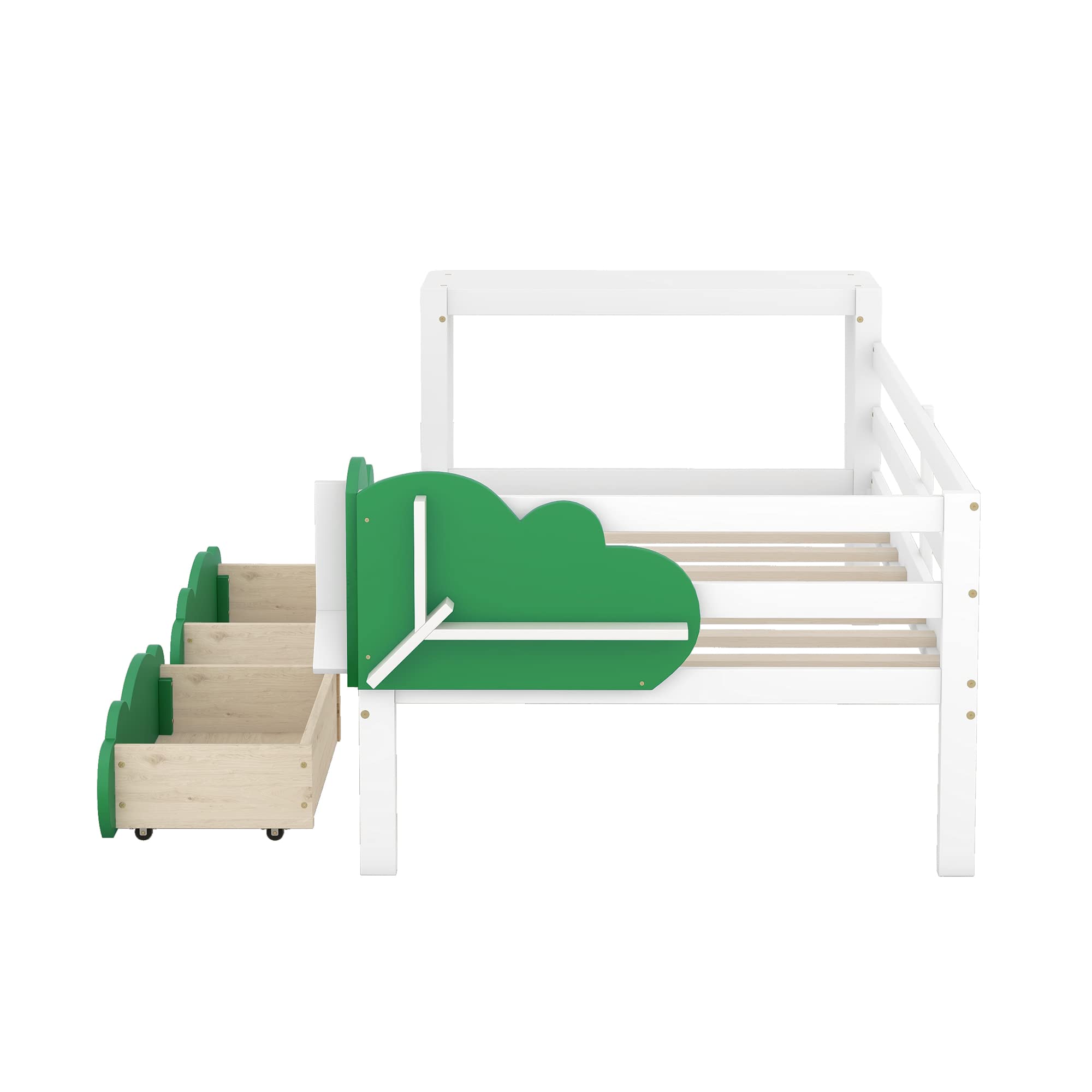 FIQHOME Twin Size Daybed with 2 Storage Drawers and Desk, Wood Kids Twin Bed Frame with Green Leaf Shape Shelves, Twin Sofa Bed Frame for Kids Girls Boys, No Spring Box Required, White