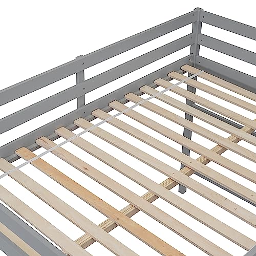 WOXYX Wood Full Size Loft Bed with Platform and Ladder for Kids,Space Saving Low Loft-Bed for Girls Boys,Gray