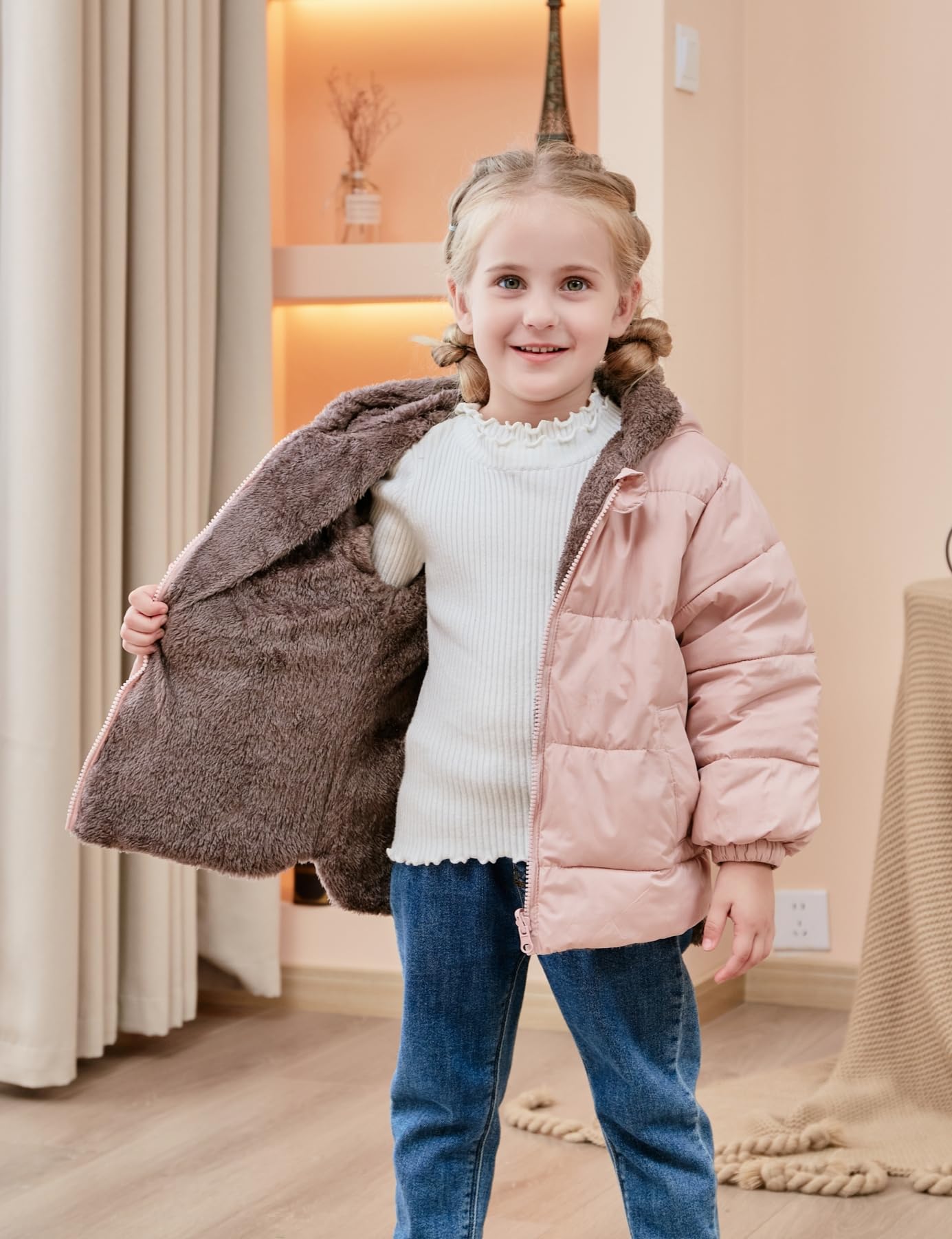 Baby Down Jacket for Girls 6-12 Months Pink Bear Ear Zipper Coat with Pocket Winter Warm Thick Hooded Clothes Outwear