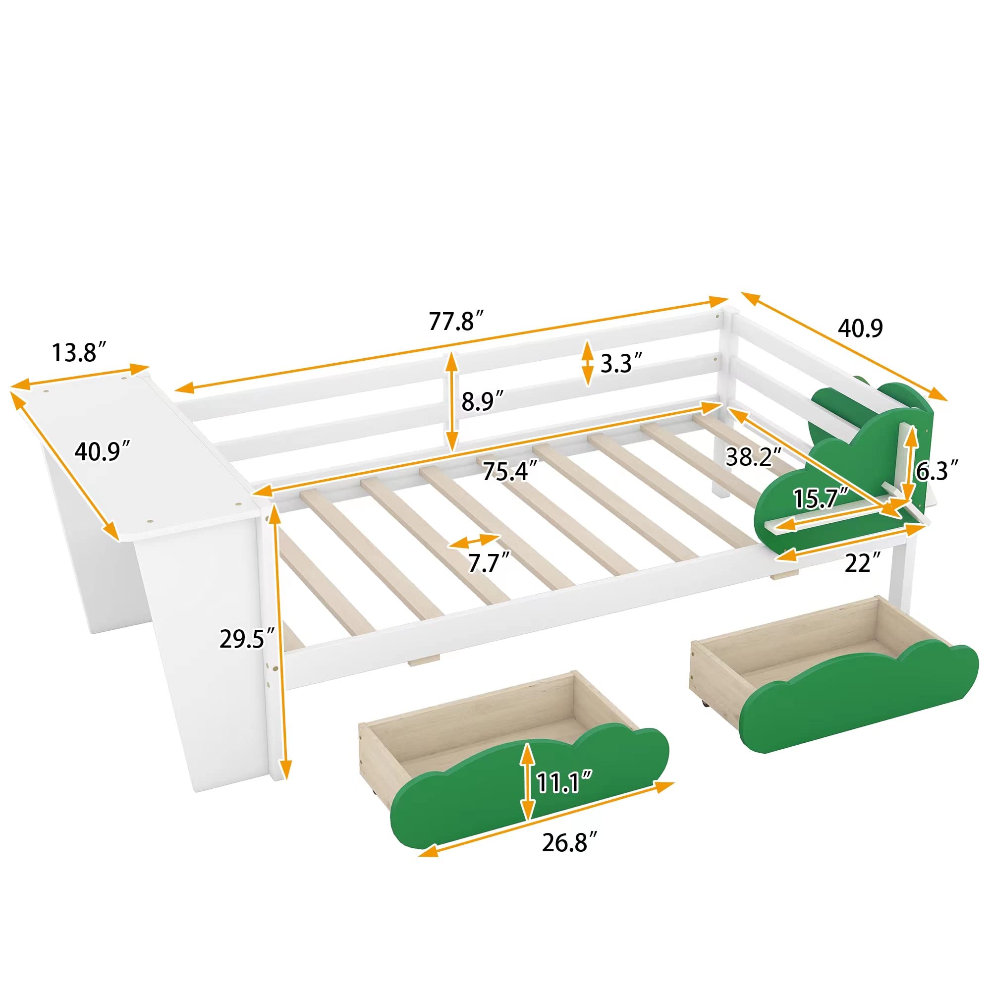 FIQHOME Twin Size Daybed with 2 Storage Drawers and Desk, Wood Kids Twin Bed Frame with Green Leaf Shape Shelves, Twin Sofa Bed Frame for Kids Girls Boys, No Spring Box Required, White