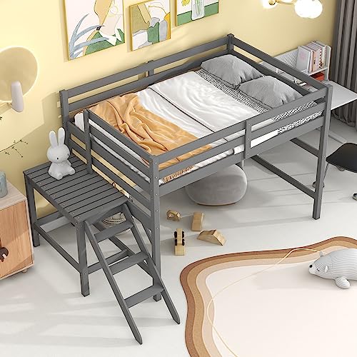 WOXYX Wood Full Size Loft Bed with Platform and Ladder for Kids,Space Saving Low Loft-Bed for Girls Boys,Gray