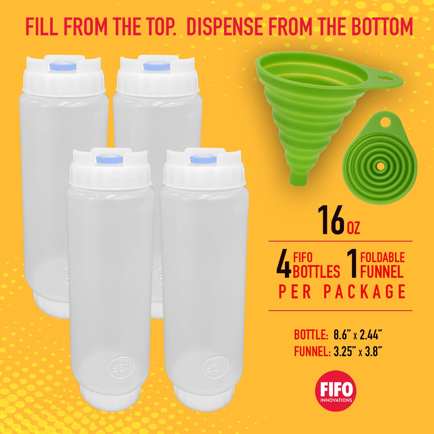 FIFO Squeeze Bottle Refillable (4 Pack) Blue Dispenser for Thick Condiments, Tartar Sauces, Rellish and Dressing with Flexible Funnel