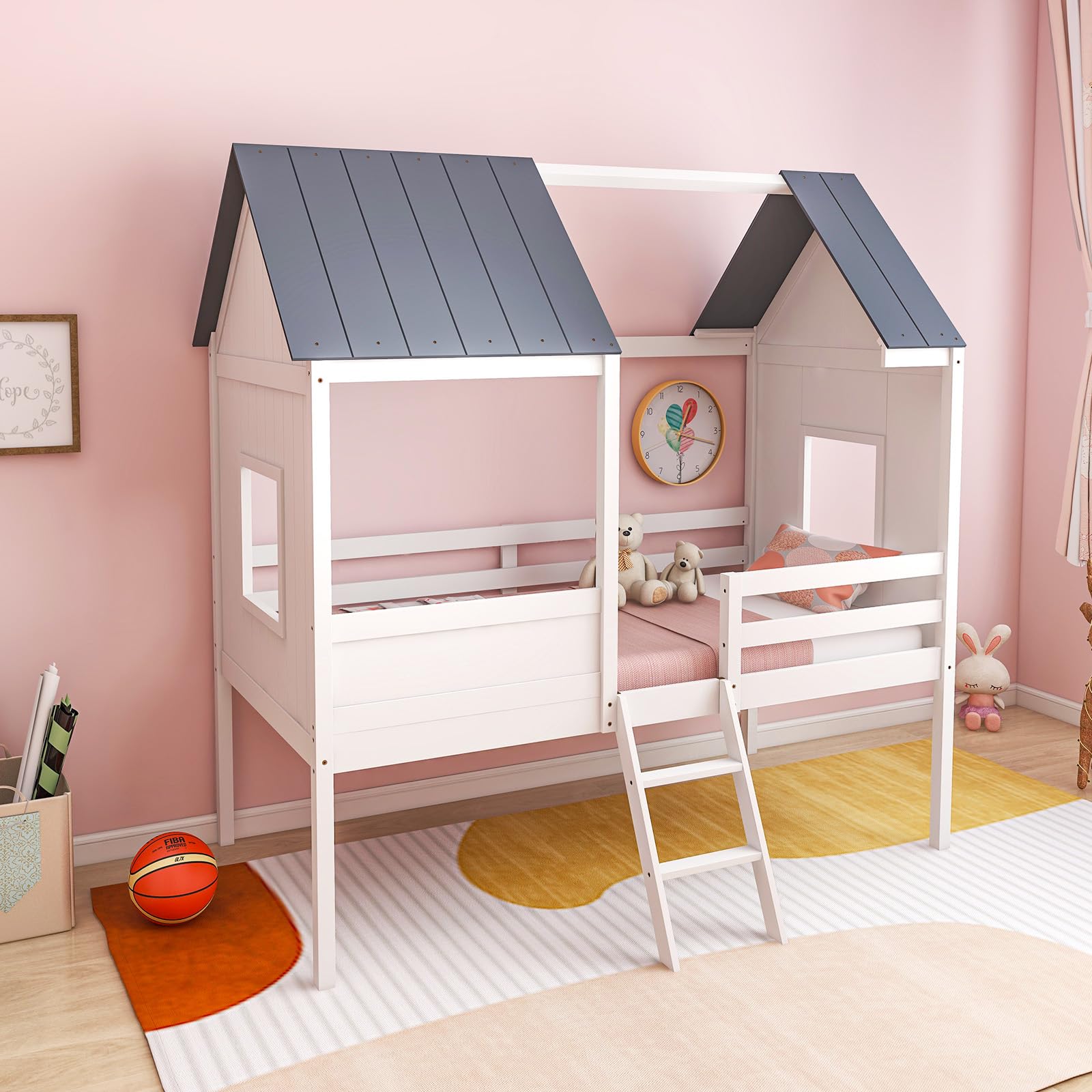 Giantex Twin House Bed Frame, Kids Low Loft Bed Frame with Roof, Side Windows & Ladder, Wooden Slatted Support Playhouse Bed for Girls, Boys, Teens, No Box Spring Needed, White