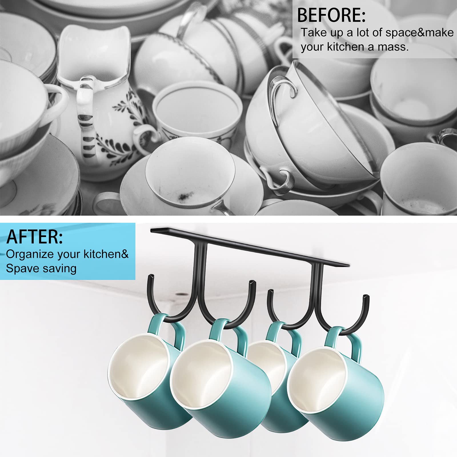 TRUSBER Mug Holder Under Shelf Coffee Cups Organizer Under Cabinet 3 Pack Cups Mugs Rack with Hooks 12 Hanging Hooks for Mugs,Coffee Glass Cups