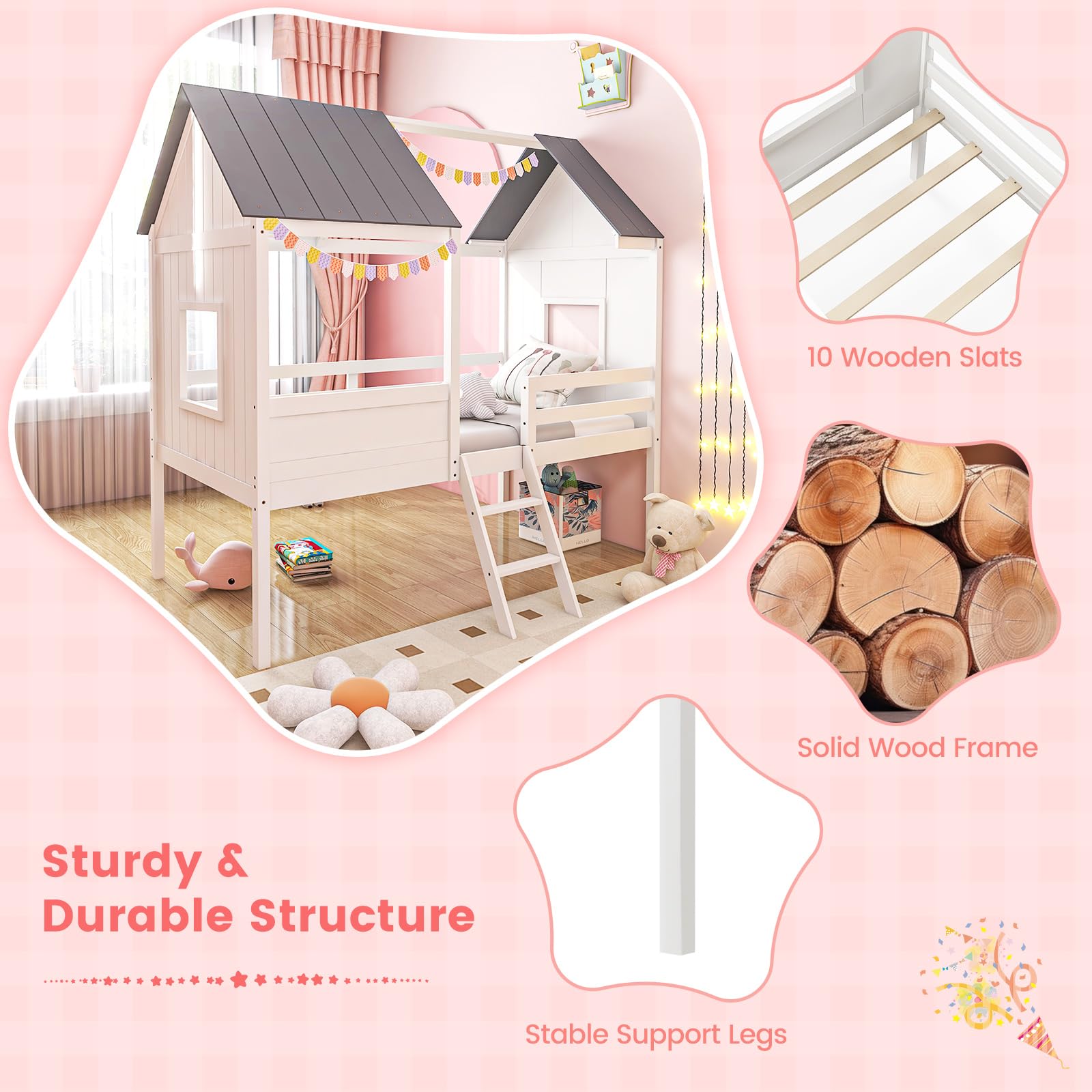 Giantex Twin House Bed Frame, Kids Low Loft Bed Frame with Roof, Side Windows & Ladder, Wooden Slatted Support Playhouse Bed for Girls, Boys, Teens, No Box Spring Needed, White