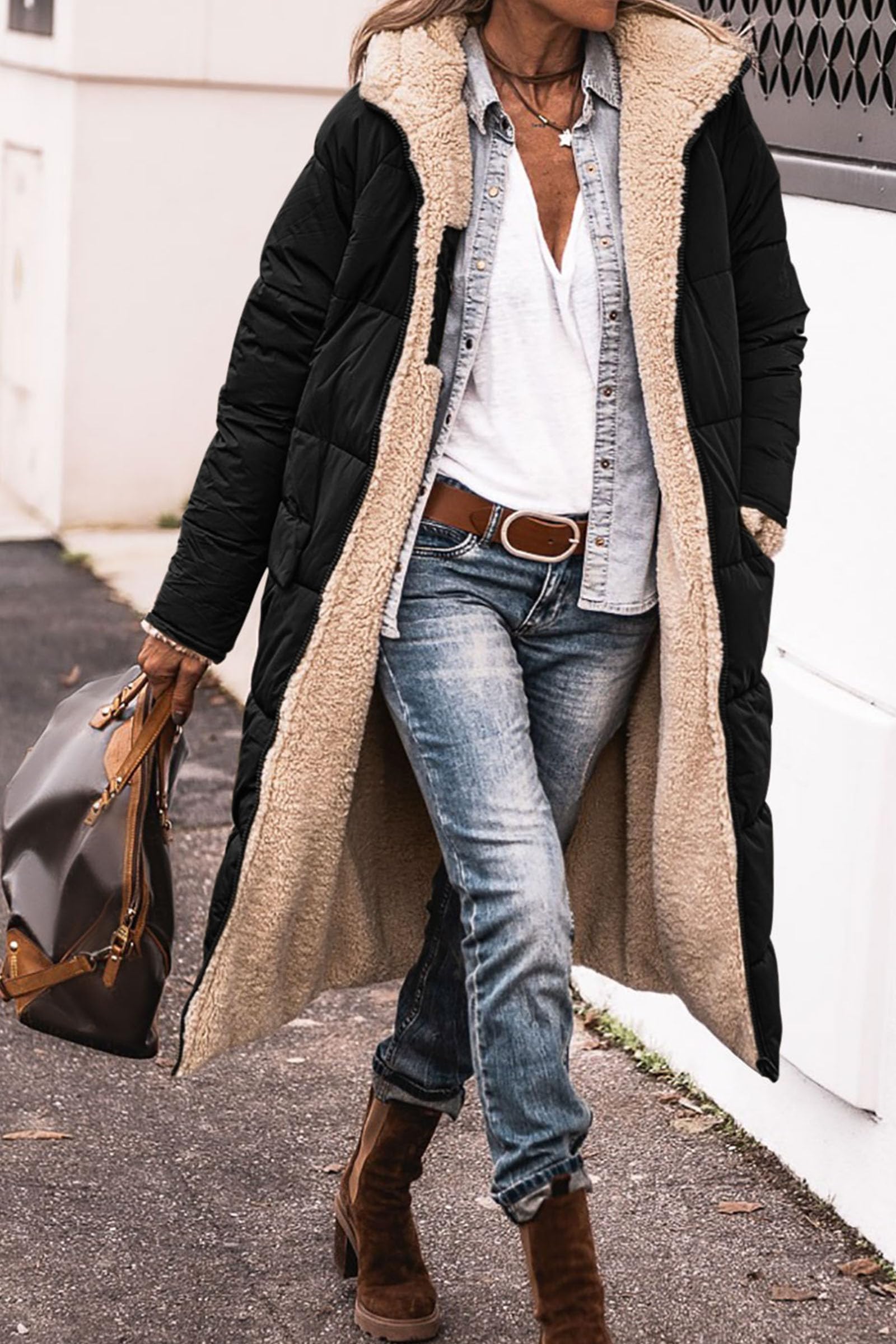 Thatrich Long Puffer Coat Women with Hood Reversible Jackets Long Sleeve Fuzzy Fleece Jacket Winter Warm Down Coat Outerwear