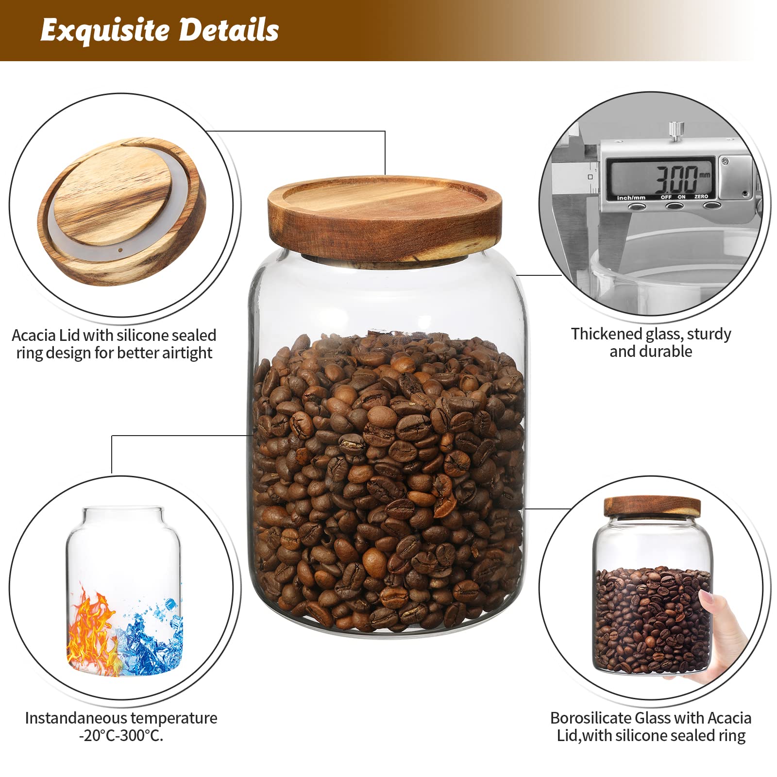 Glass Coffee Storage Jar with Lids Spoon Thicken Glass Coffee Canister 40 Oz (1200 mL) Borosilicate Glass Food Containers for Ground Coffee Beans Nut Pasta Sugar Candy Spice Rice Loose Tea