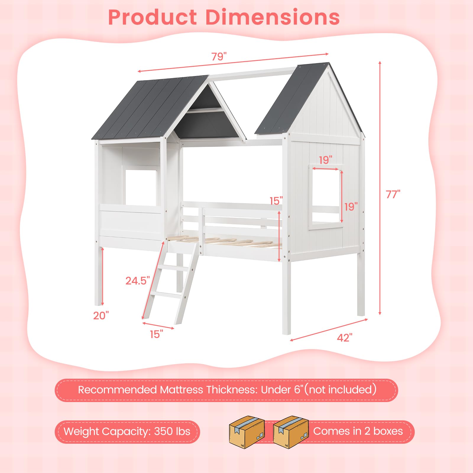 Giantex Twin House Bed Frame, Kids Low Loft Bed Frame with Roof, Side Windows & Ladder, Wooden Slatted Support Playhouse Bed for Girls, Boys, Teens, No Box Spring Needed, White