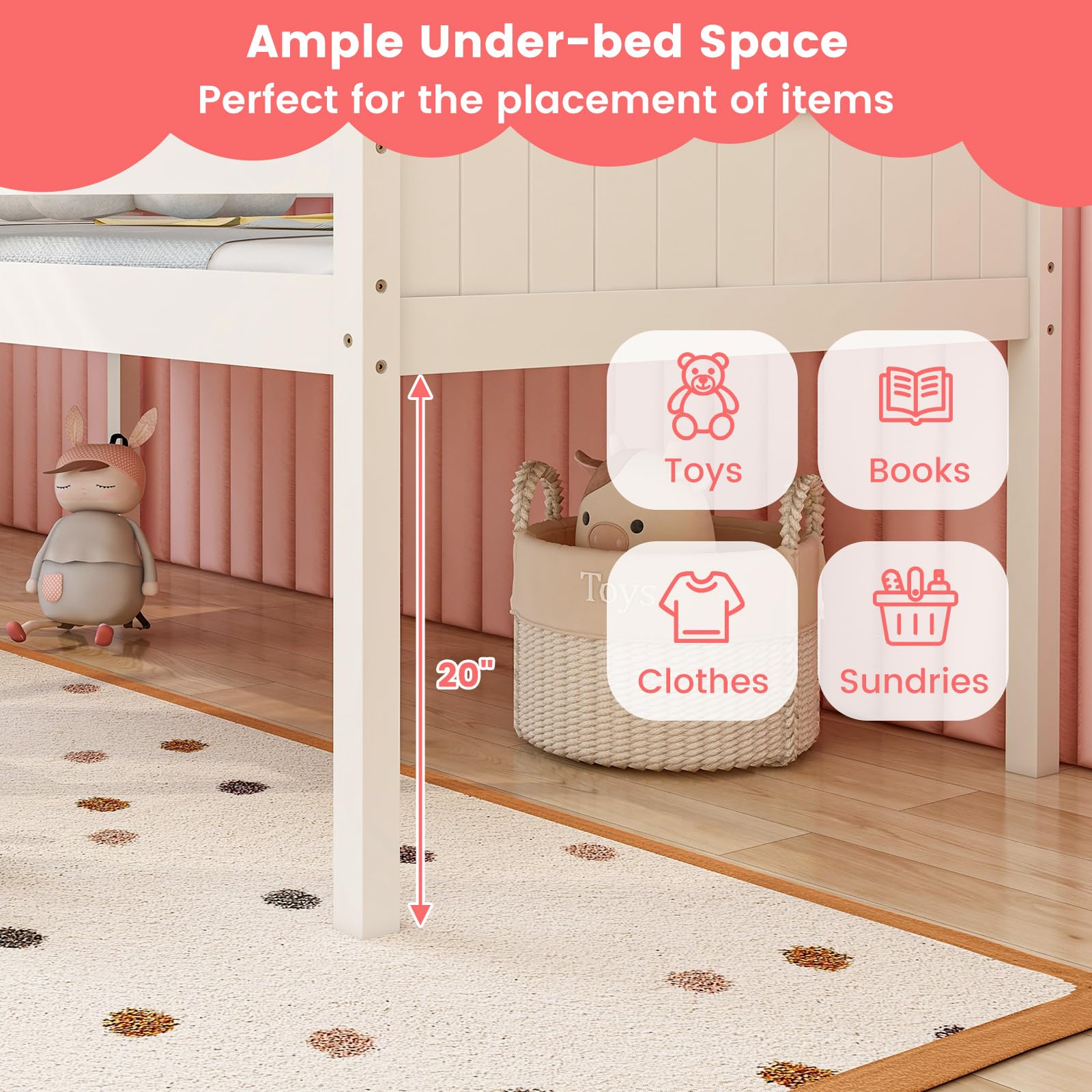 Giantex Twin House Bed Frame, Kids Low Loft Bed Frame with Roof, Side Windows & Ladder, Wooden Slatted Support Playhouse Bed for Girls, Boys, Teens, No Box Spring Needed, White